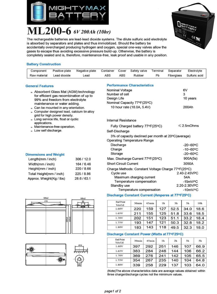 ML200-6 - 6 Volt 200 AH, Internal Thread (INT) Terminal, Rechargeable ...
