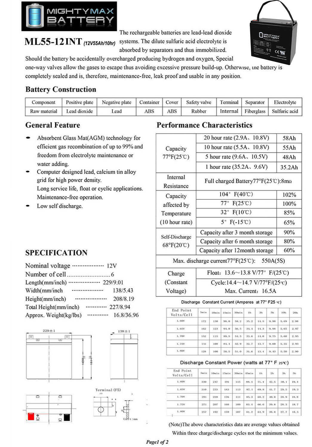 12V 55AH Internal Thread Battery for Dalton Tacahe PC2450 Tilt ...