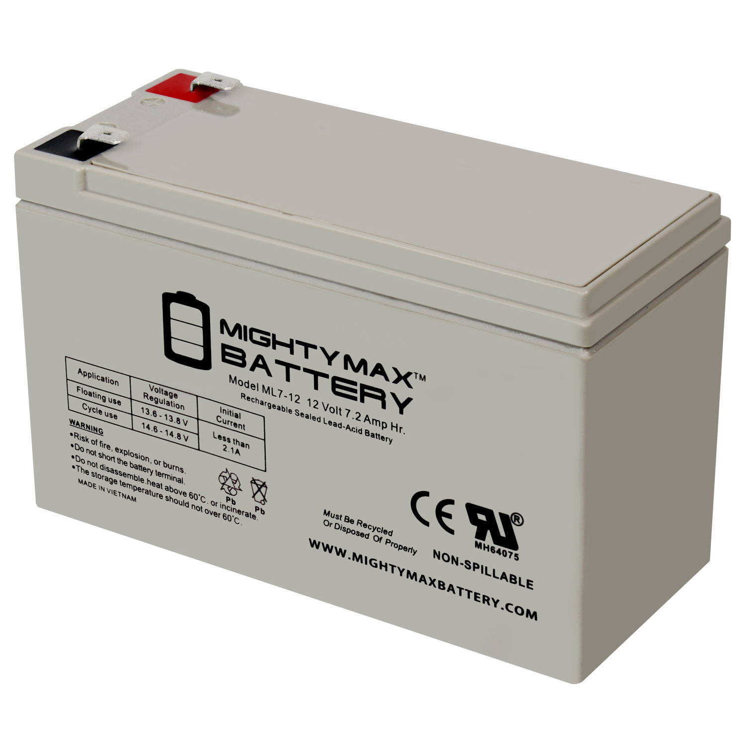 Mighty Max Battery ML7-12F2 - 12 Volt 7 AH, F2 Terminal, Rechargeable SLA AGM Battery ...