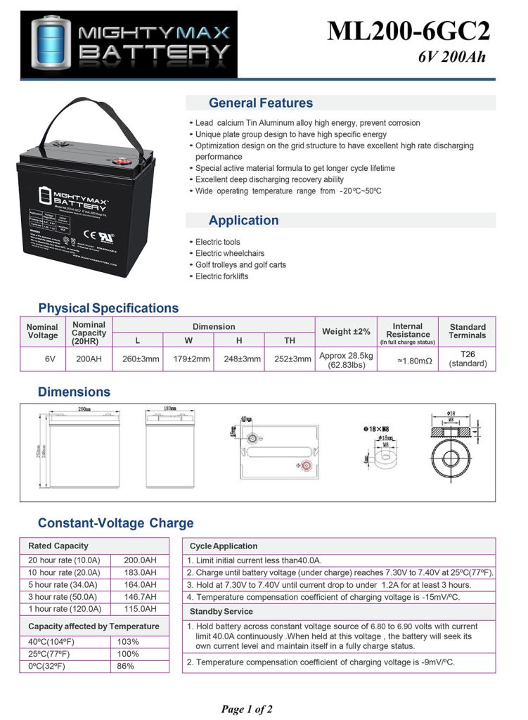 ML200-6GC2 - 6 Volt 200 AH, Internal Thread (INT) Terminal ...