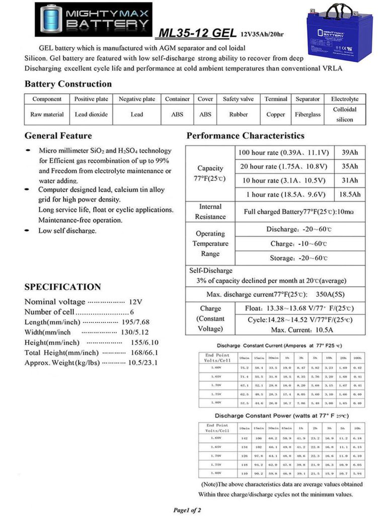 ML35-12GEL - 12 Volt 35 AH, GEL Type, Nut and Bolt (NB) Terminal ...
