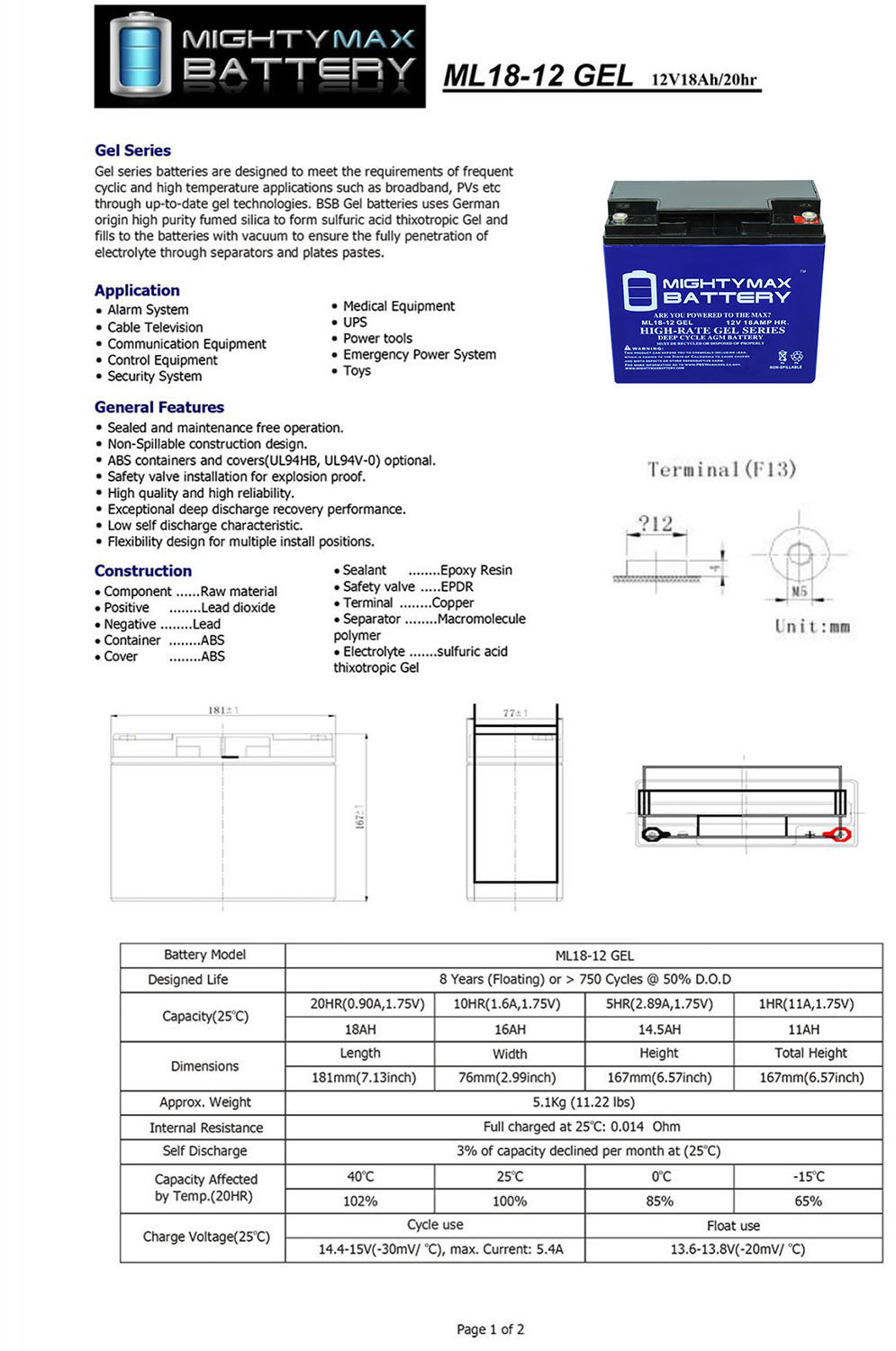 12V 18AH GEL Battery for EV Rider RiderXpress, MiniRider - MightyMaxBattery