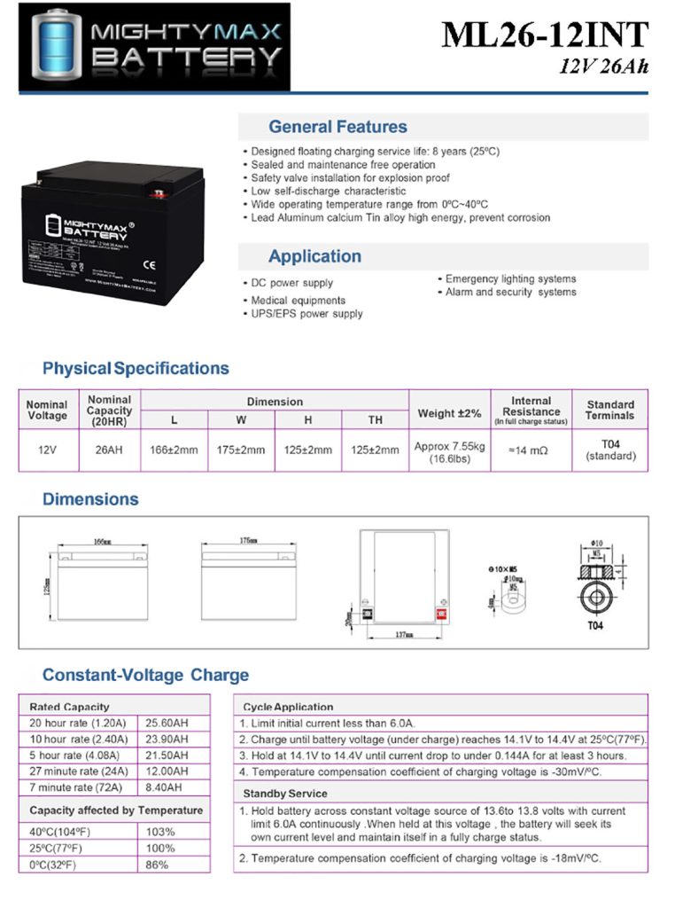 ML26-12INT - 12 Volt 26 AH, Internal Thread (INT) Terminal ...