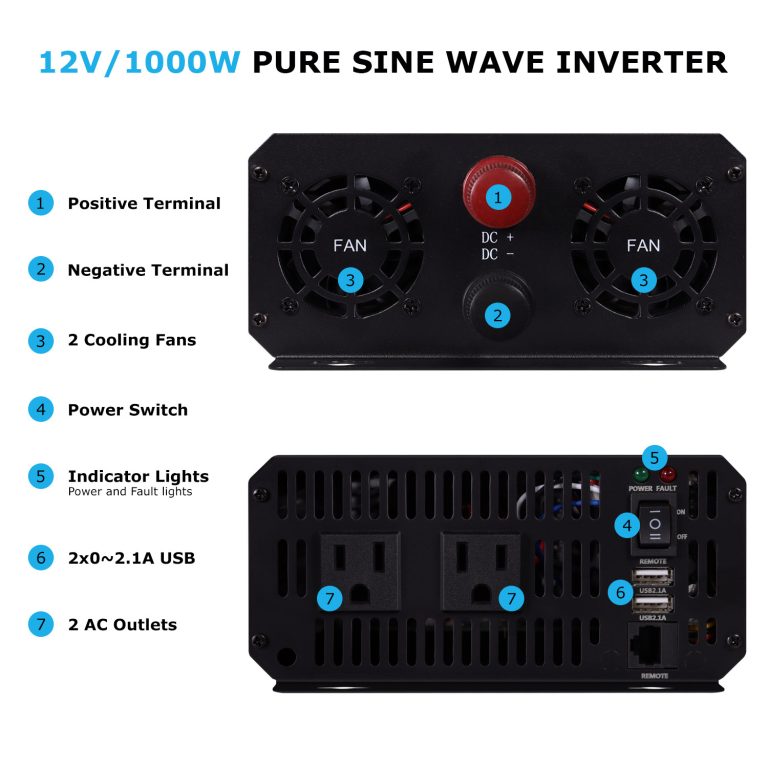 12V 1000W Pure Sine Wave Inverter With Wired LCD Remote Control, 12V DC ...