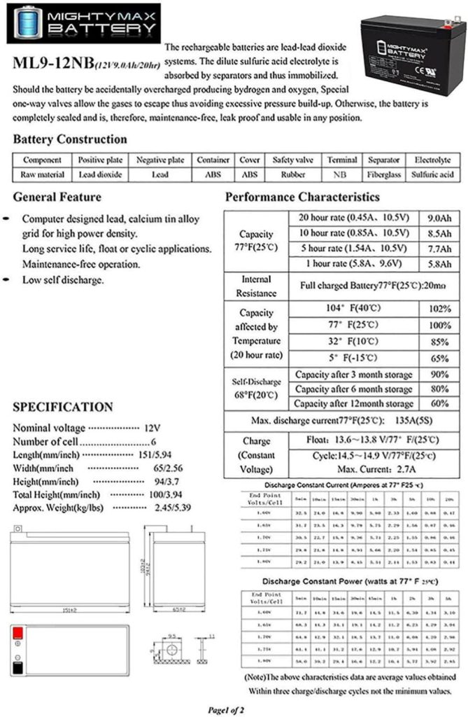 ML9-12NB -12 Volt 9 AH, Nut and Bolt (NB) Terminal, Rechargeable SLA ...