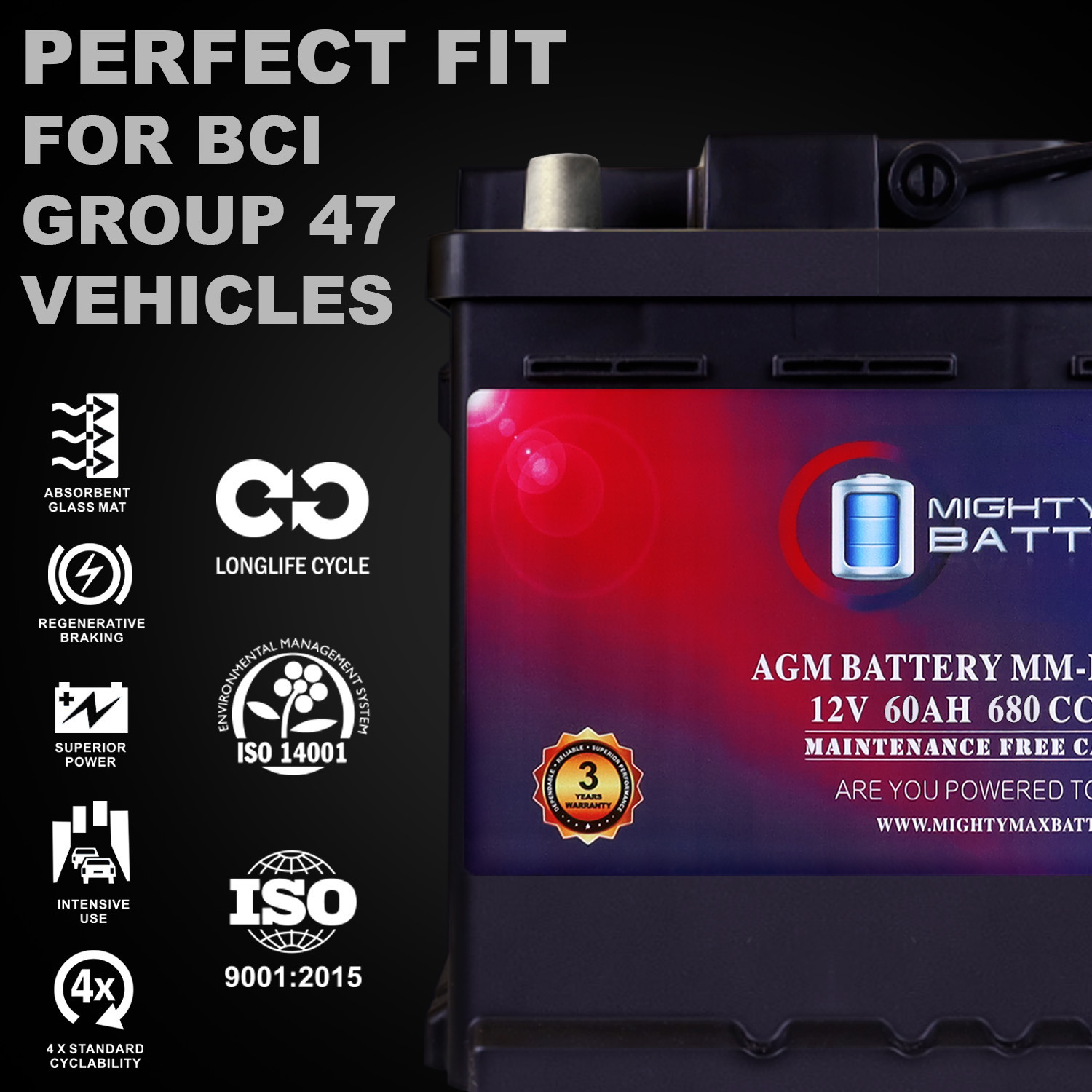 MM-H5 Start and Stop Car BCI Group Size 47 12V 60 AH, 100RC, 680 CCA ...