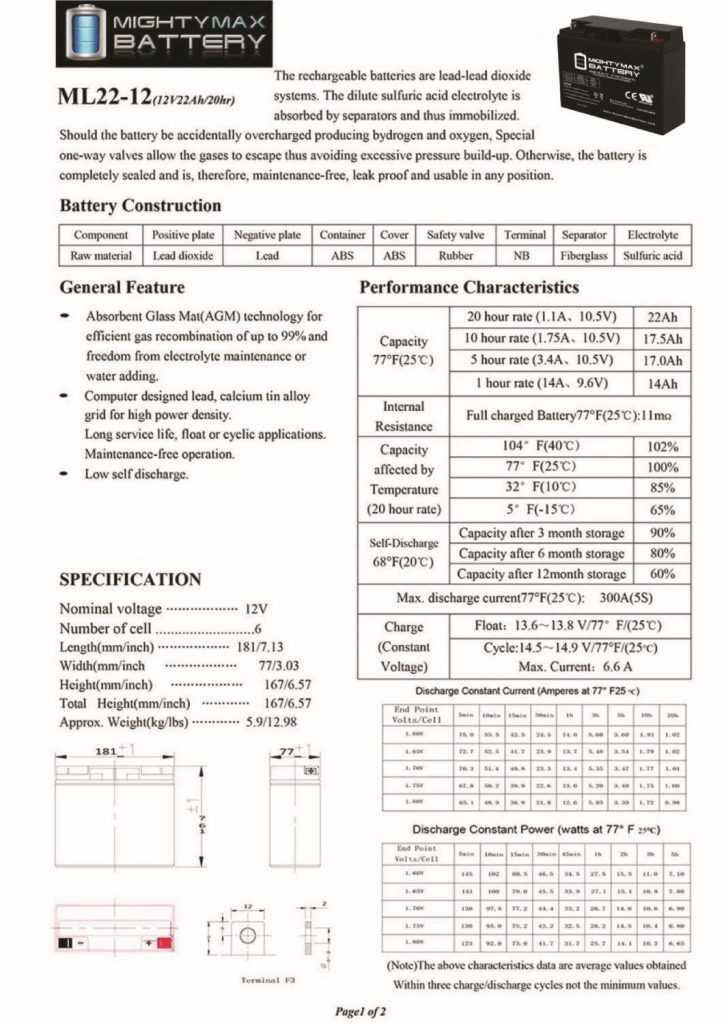 ML22-12 - 12V 22AH UPS Battery Replaces Enduring 6FM22, 6-FM-22 ...