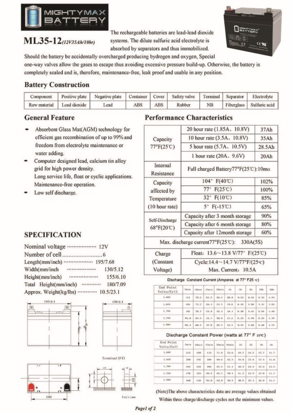 ML35-12 - 12 Volt 35 AH, Nut and Bolt (NB) Terminal, Rechargeable SLA ...