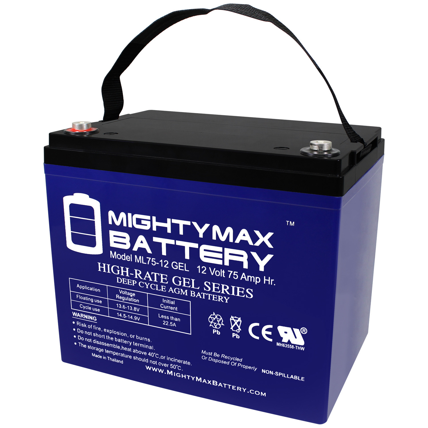 ML75-12GEL -12 Volt 75 AH, GEL Type, Internal Thread (INT) Terminal ...