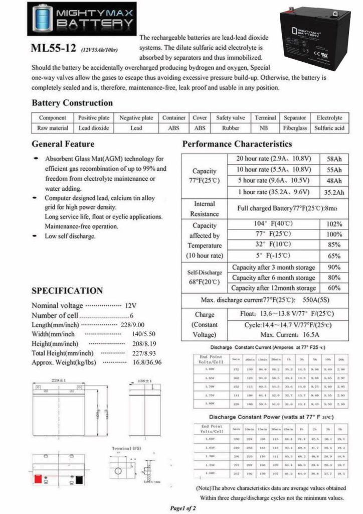 ML55-12 - 12 Volt 55 AH, Nut and Bolt (NB) Terminal, Rechargeable SLA ...