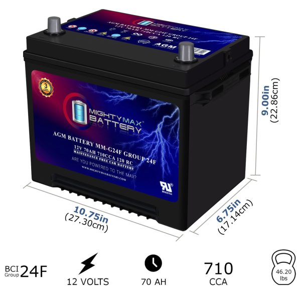 MM-G24F Start and Stop Car BCI Group Size 24F 12V 70Ah, 120RC, 710 CCA ...