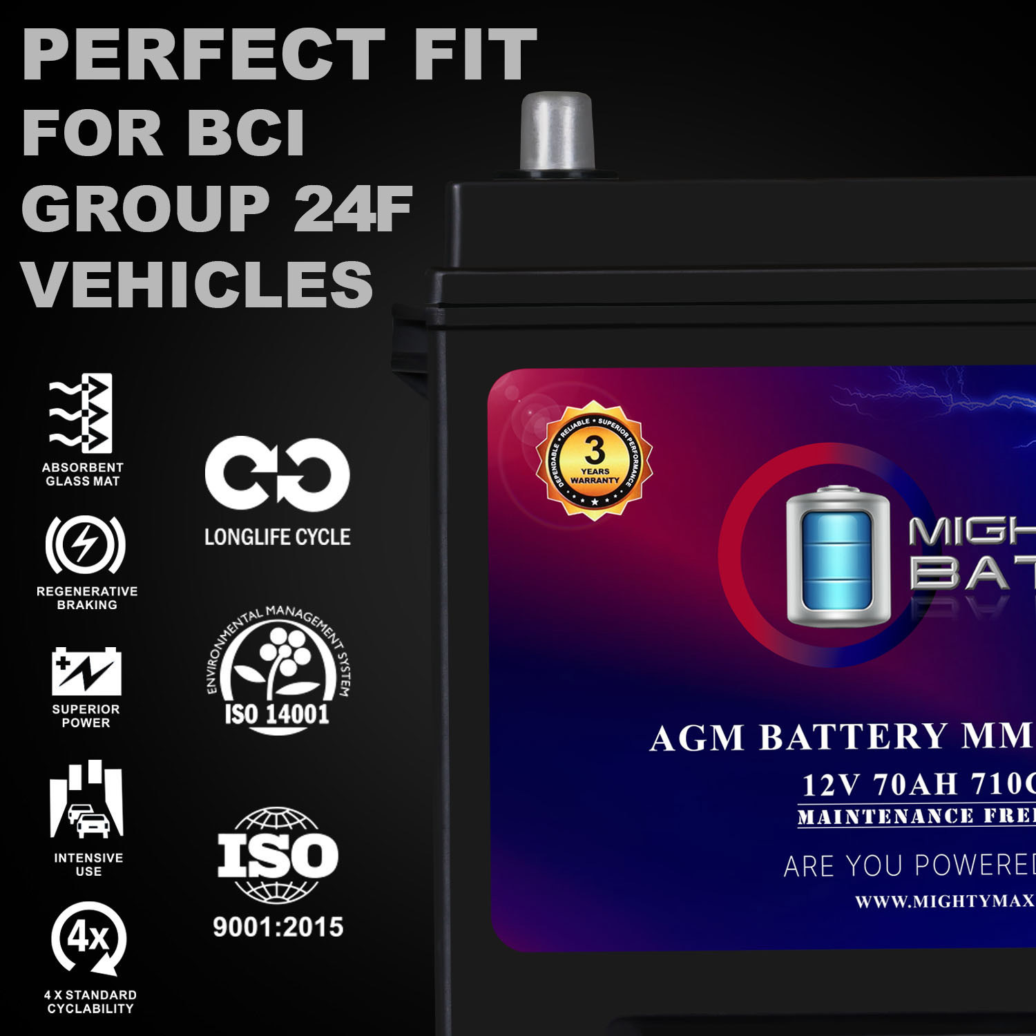 MM-G24F Start and Stop Car BCI Group Size 24F 12V 70Ah, 120RC, 710 CCA ...