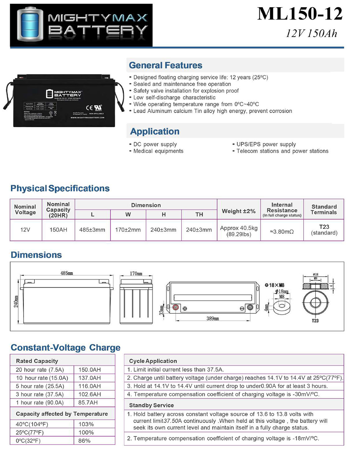 Mighty Max Battery ML145-12 - 12 Volt 145 AH, Internal (INT) Terminal ...