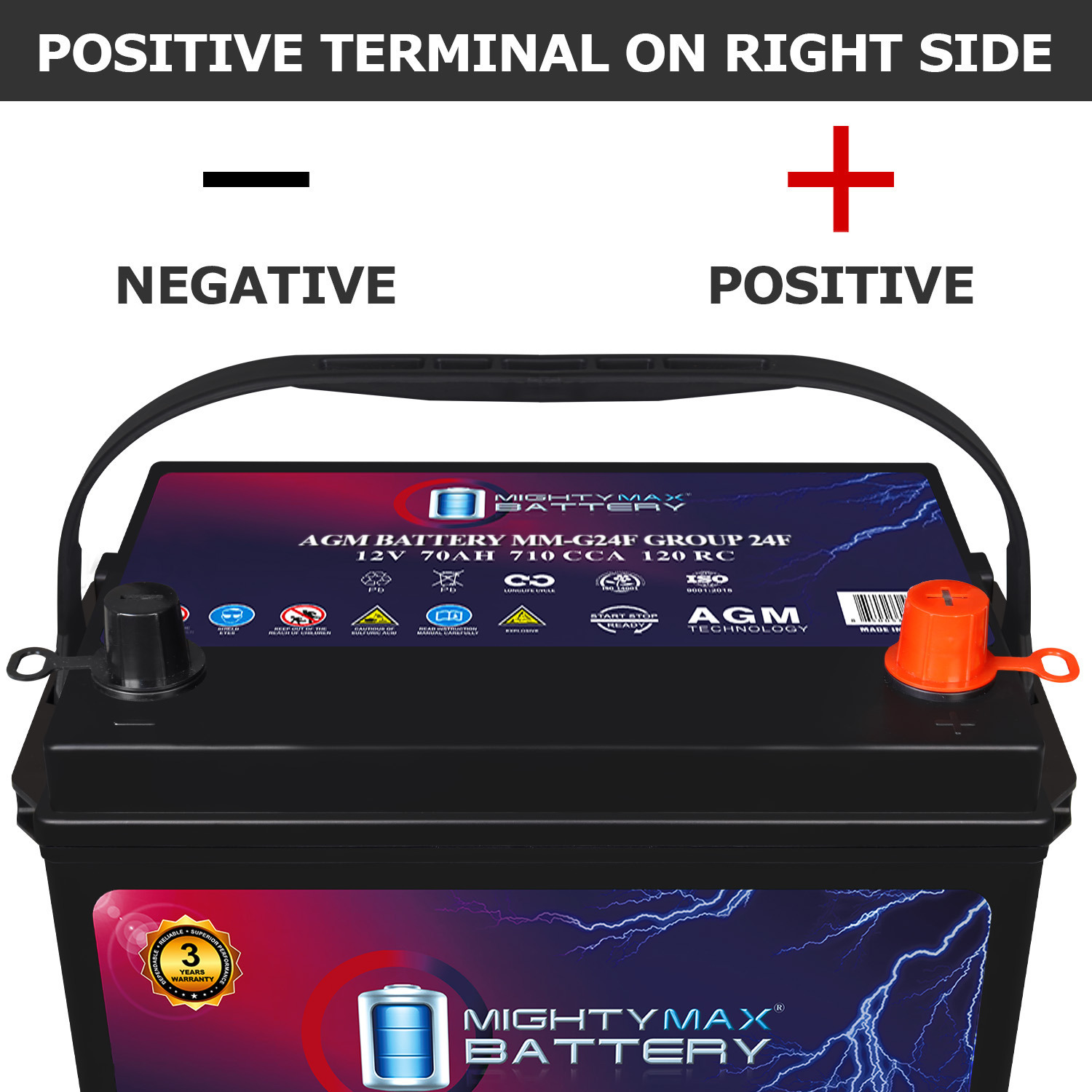 MM-G24F Start and Stop Car BCI Group Size 24F 12V 70Ah, 120RC, 710 CCA Rechargeable AGM Car ...